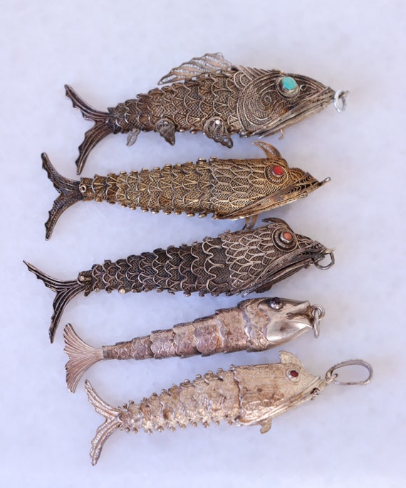 Vintage Chinese Silver Filigree Koi Fish Pendant Coral - Gem