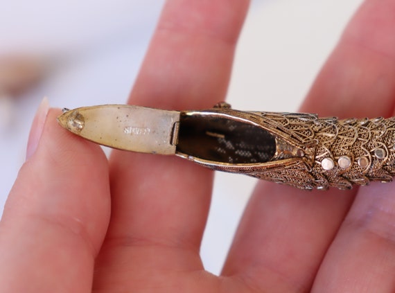 Vintage Chinese Silver Filigree Koi Fish Pendant Coral - Gem