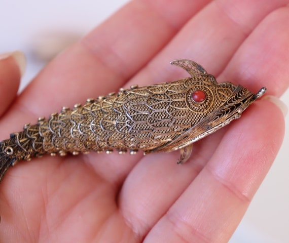 Vintage Chinese Silver Filigree Koi Fish Pendant Coral - Gem