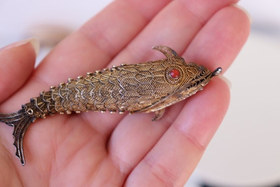 Vintage Chinese Silver Filigree Koi Fish Pendant Coral - Gem
