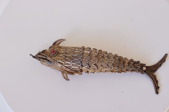 Vintage Chinese Silver Filigree Koi Fish Pendant Coral - Gem