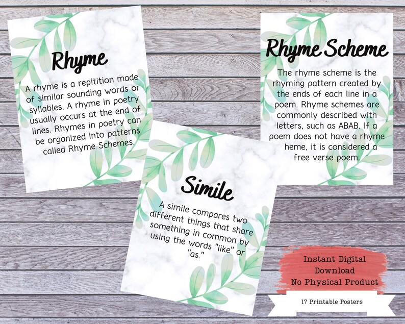 Poetry Printable Poster Set, Literary Devices, Literature Poster, High ...