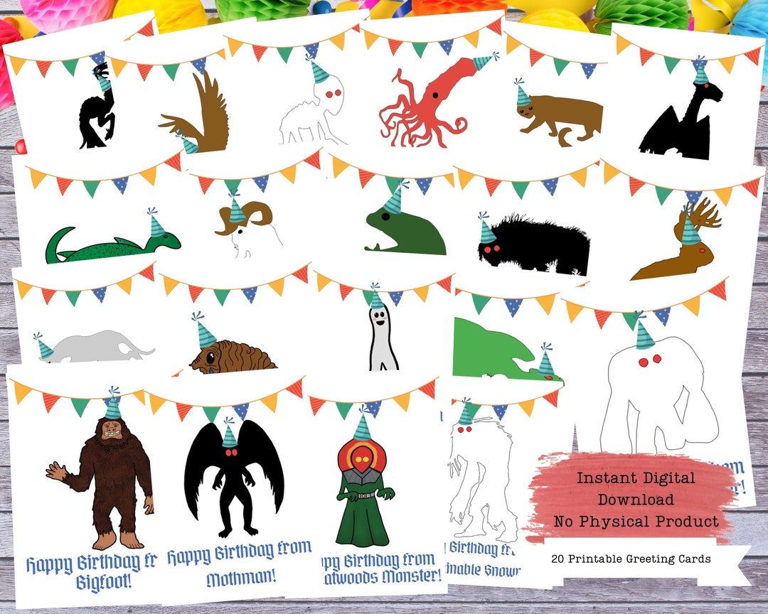 Cryptid Birthday, Birthday Card Set, Printable Cards, Cryptid Gift ...