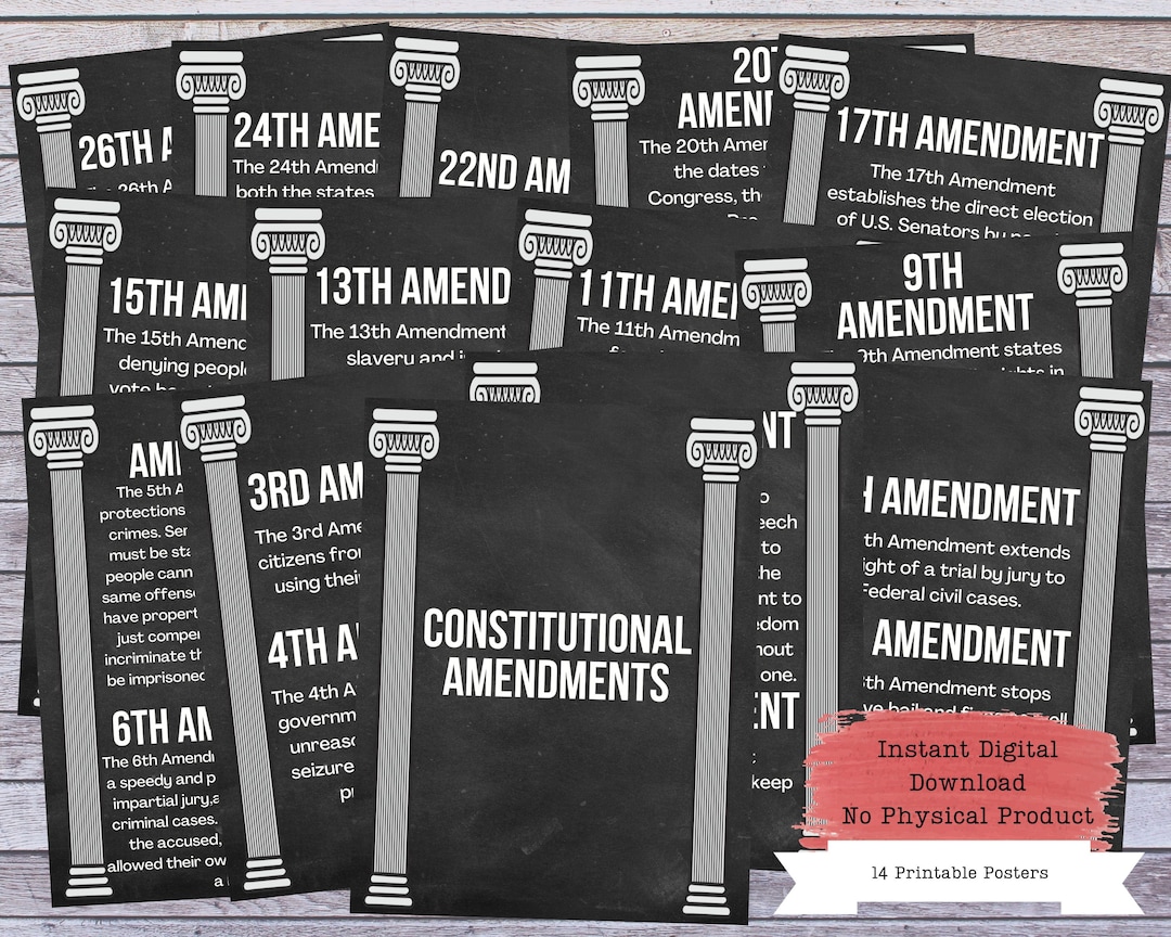 US Amendments Printable Poster Set, US Constitution Wall Art, Bill of ...
