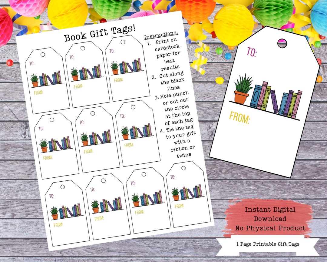 Printable Book Gift Tags, Bibliophile Gift Tags, Bookshelf Gift Label ...