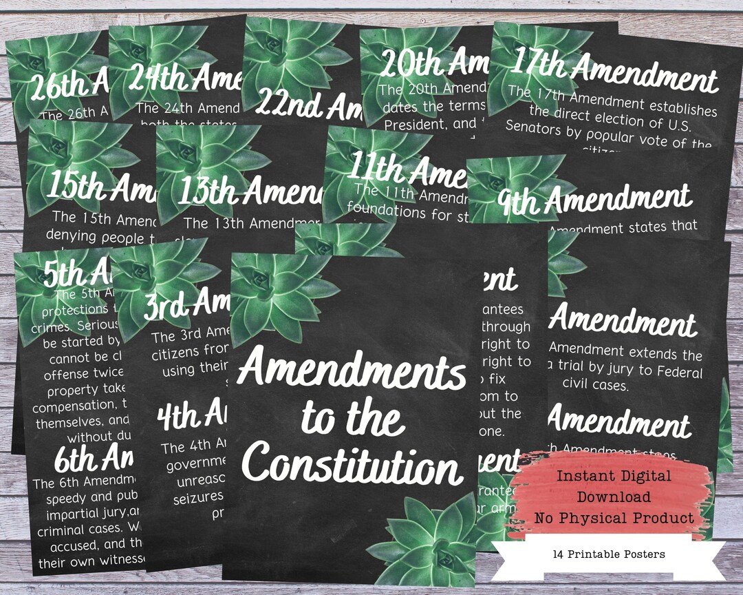 US Amendments Printable Poster Set, US Constitution Wall Art, Bill of ...