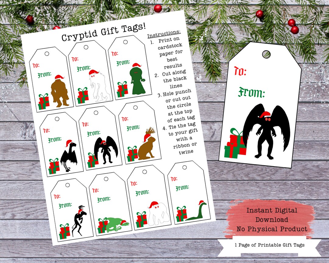 Cryptid Gift Tags, Printable Gift Tags, Cryptid Christmas, Mothman ...