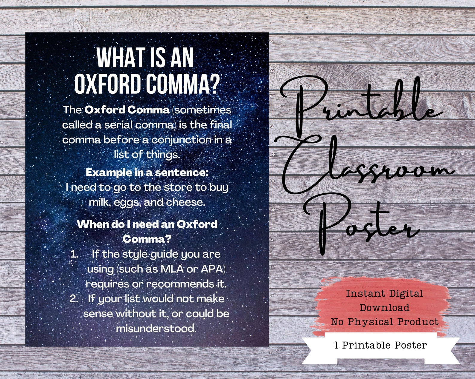 Oxford Comma Classroom Poster, English Class Poster, Reading Classroom ...