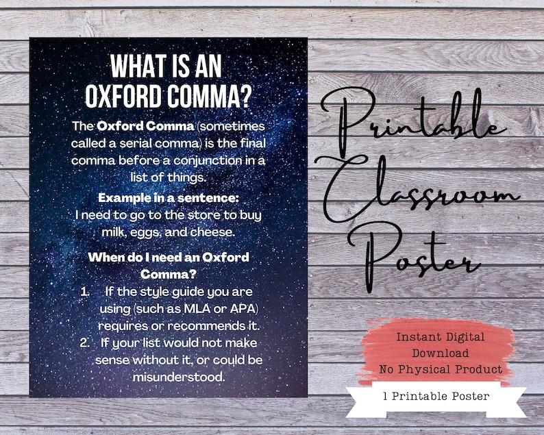 Oxford Comma Classroom Poster, English Class Poster, Reading Classroom ...