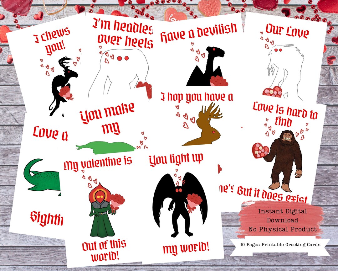 Cryptid Valentines, Valentines Cards, Printable Cards, Printable ...