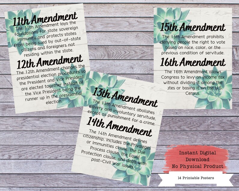 US Amendments Printable Poster Set, US Constitution Wall Art, Bill of ...