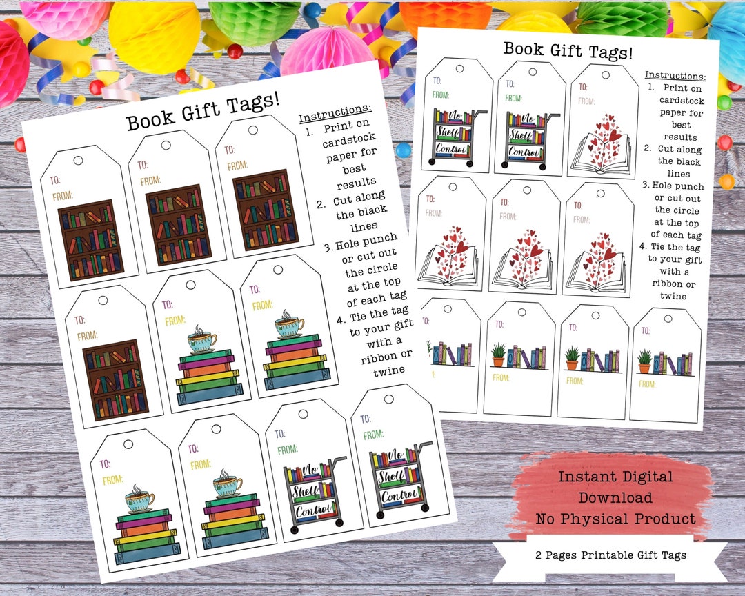 Printable Book Gift Tags, Bibliophile Gift Tags, Bookshelf Gift Label ...