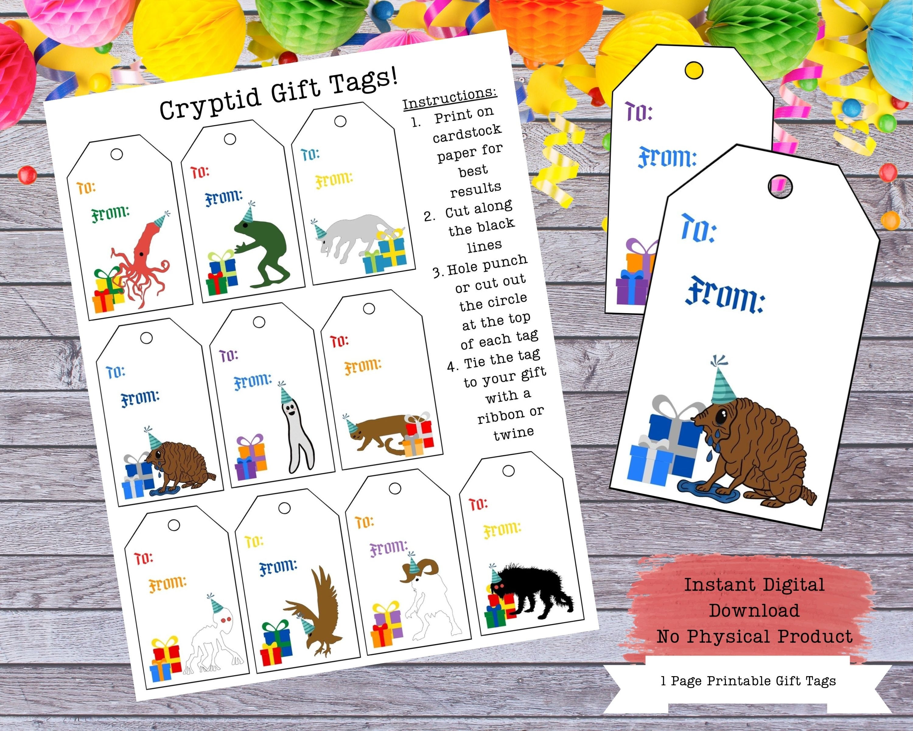 Cryptid Gift Tags, Birthday Gift Labels, Cryptid Printable, Printable ...
