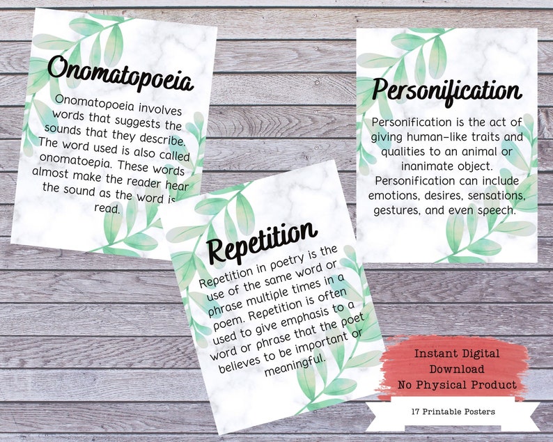Poetry Printable Poster Set, Literary Devices, Literature Poster, High ...