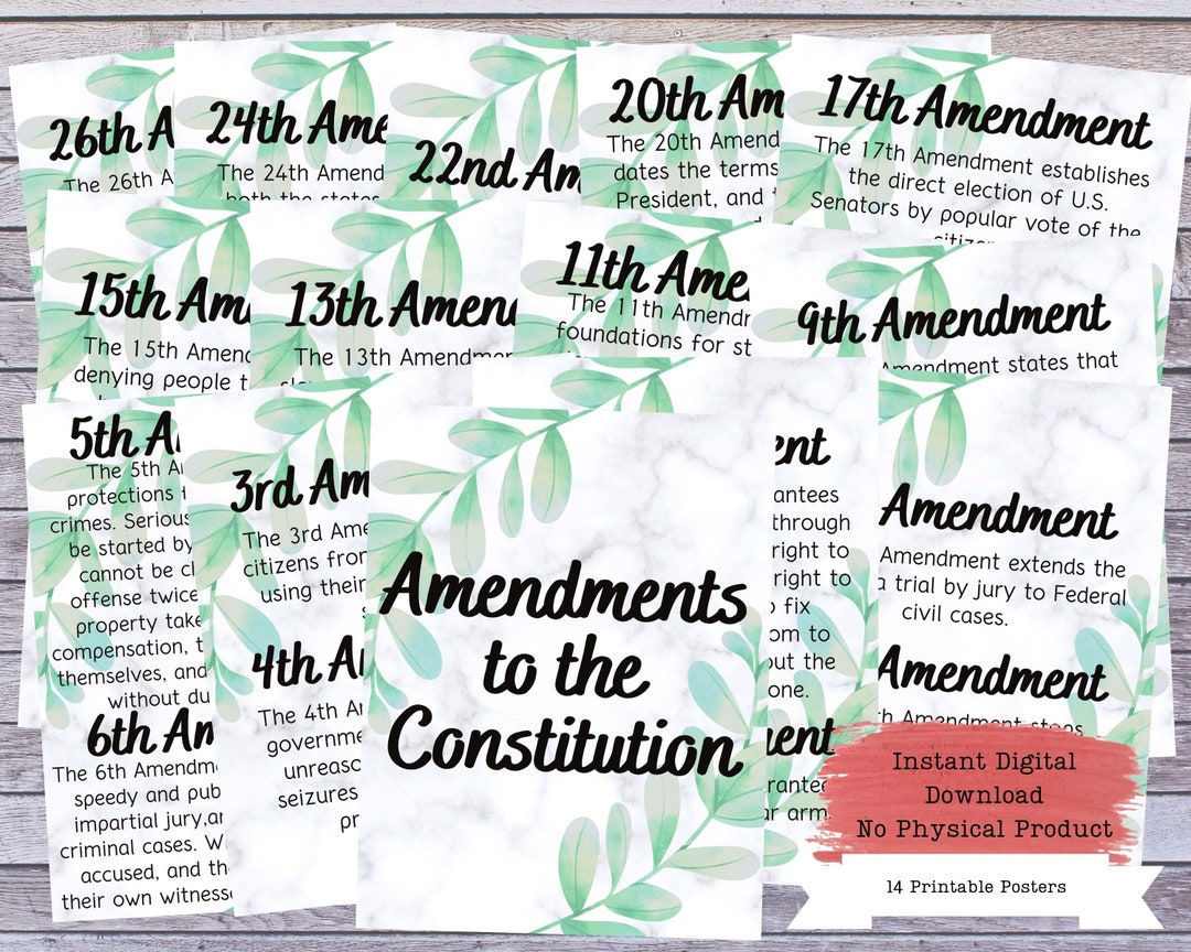 US Amendments Printable Poster Set, US Constitution Wall Art, Bill of ...