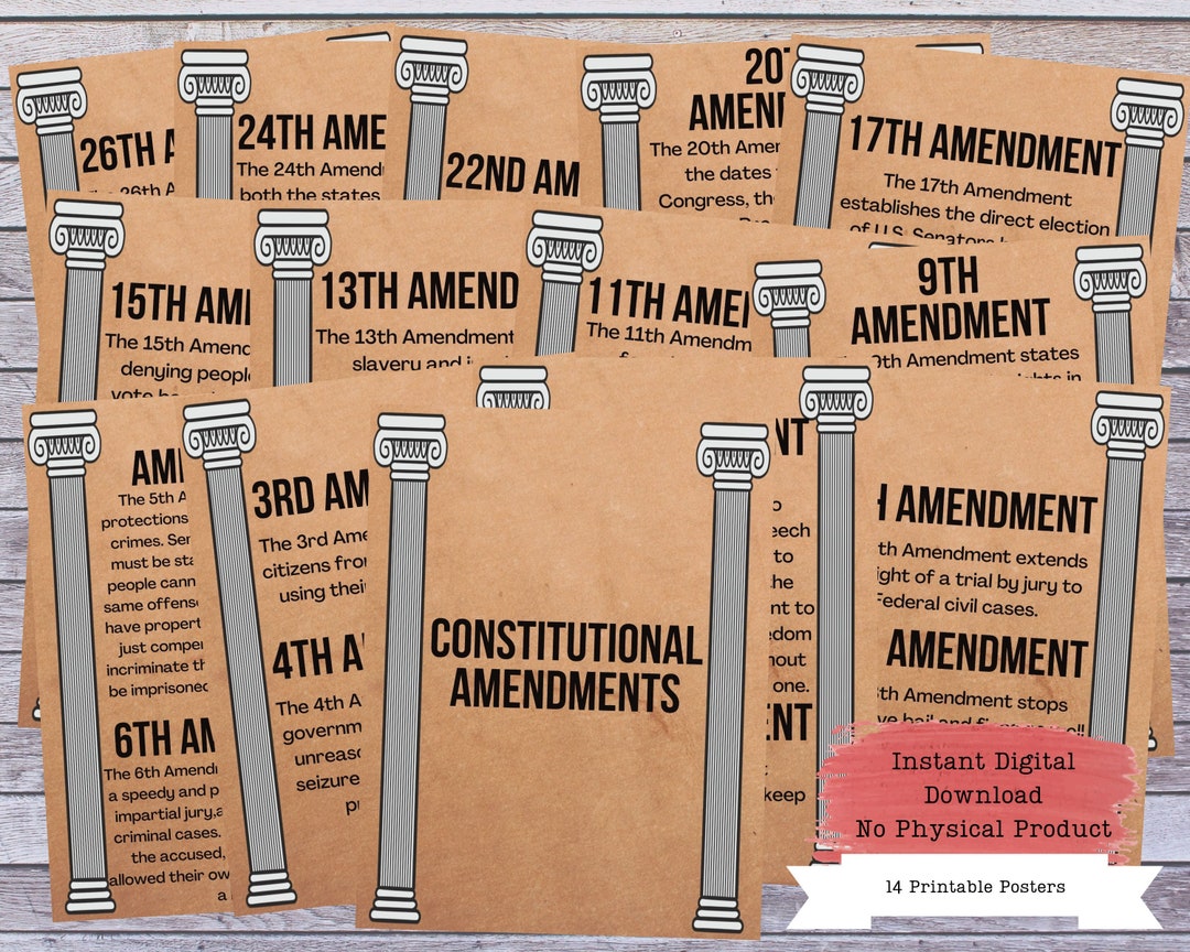 US Amendments Printable Poster Set, US Constitution Wall Art, Bill of ...