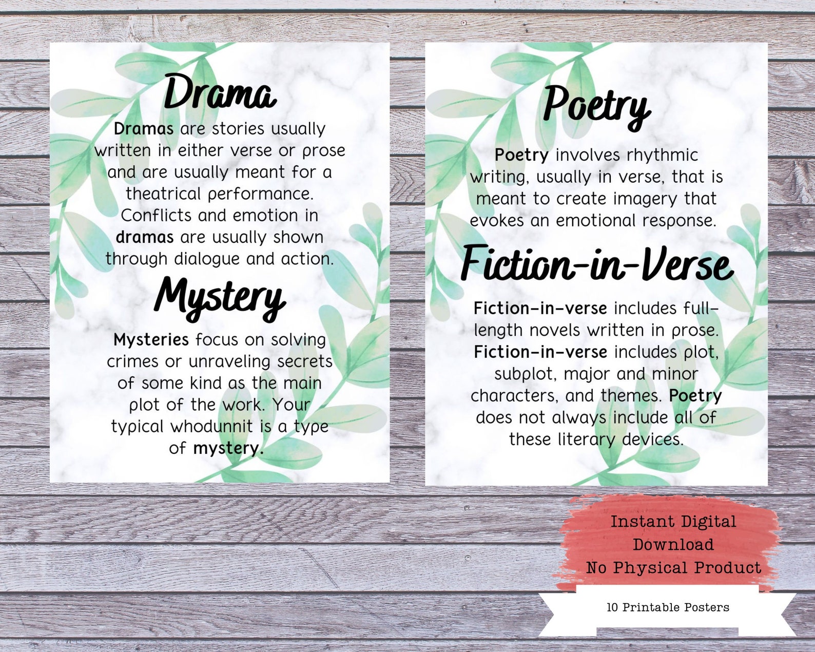 Fiction Literary Genres Printable Poster Set, Literary Posters ...