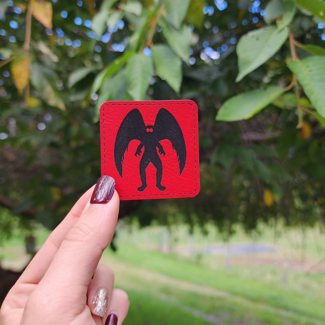 Smaller Iron on Leatherette Mothman Patch, Cryptid Patch, WV Patch, Engraved Patch, Mothman Gift ...