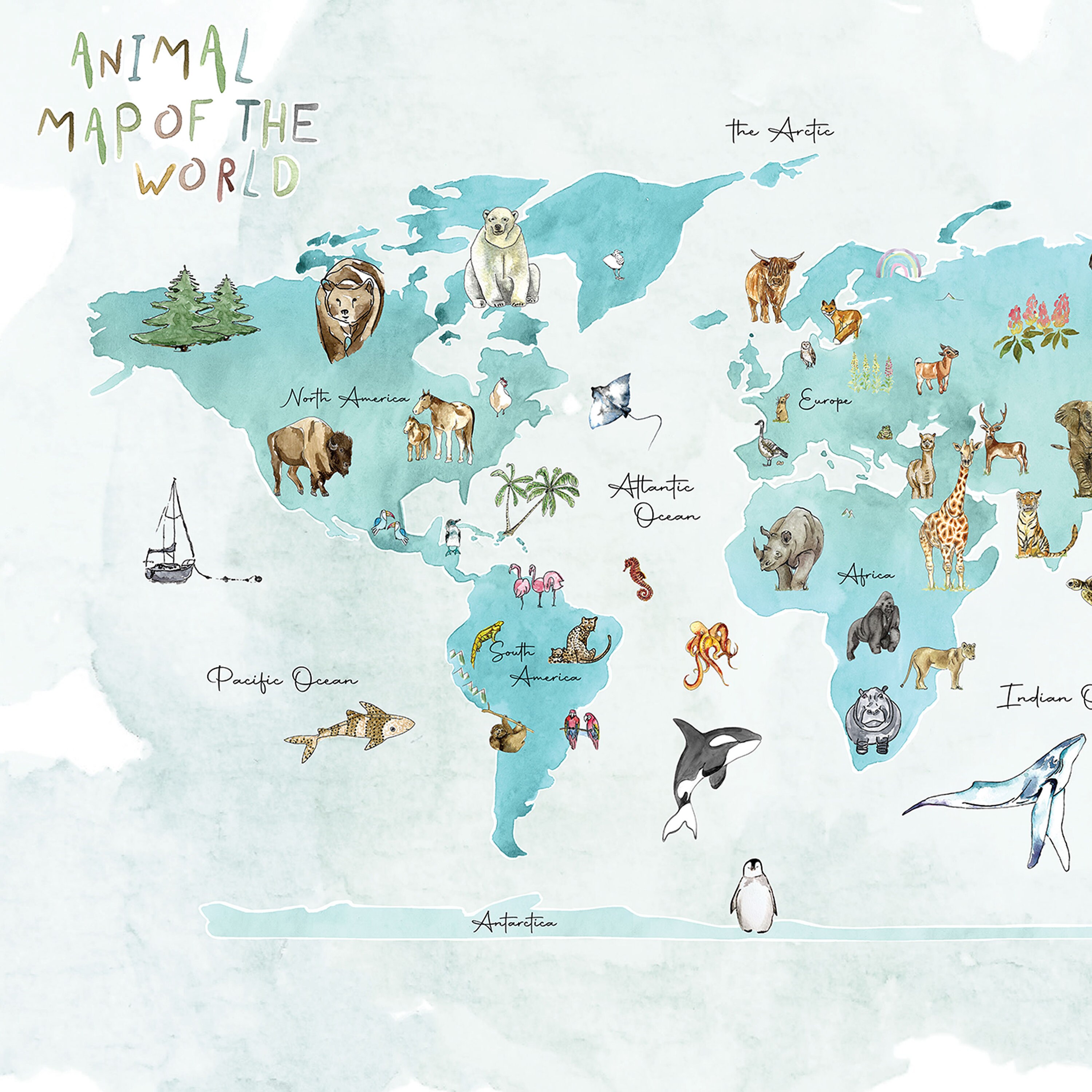 Animal map of the world poster — feather.ink