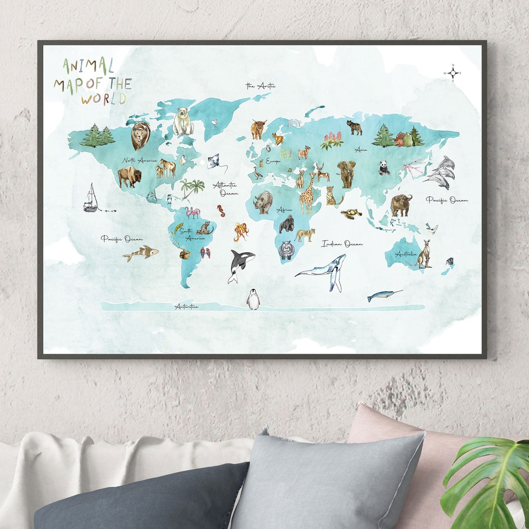 The Animal Map of the World Watercolour Poster Print A3 A2 Landscape ...