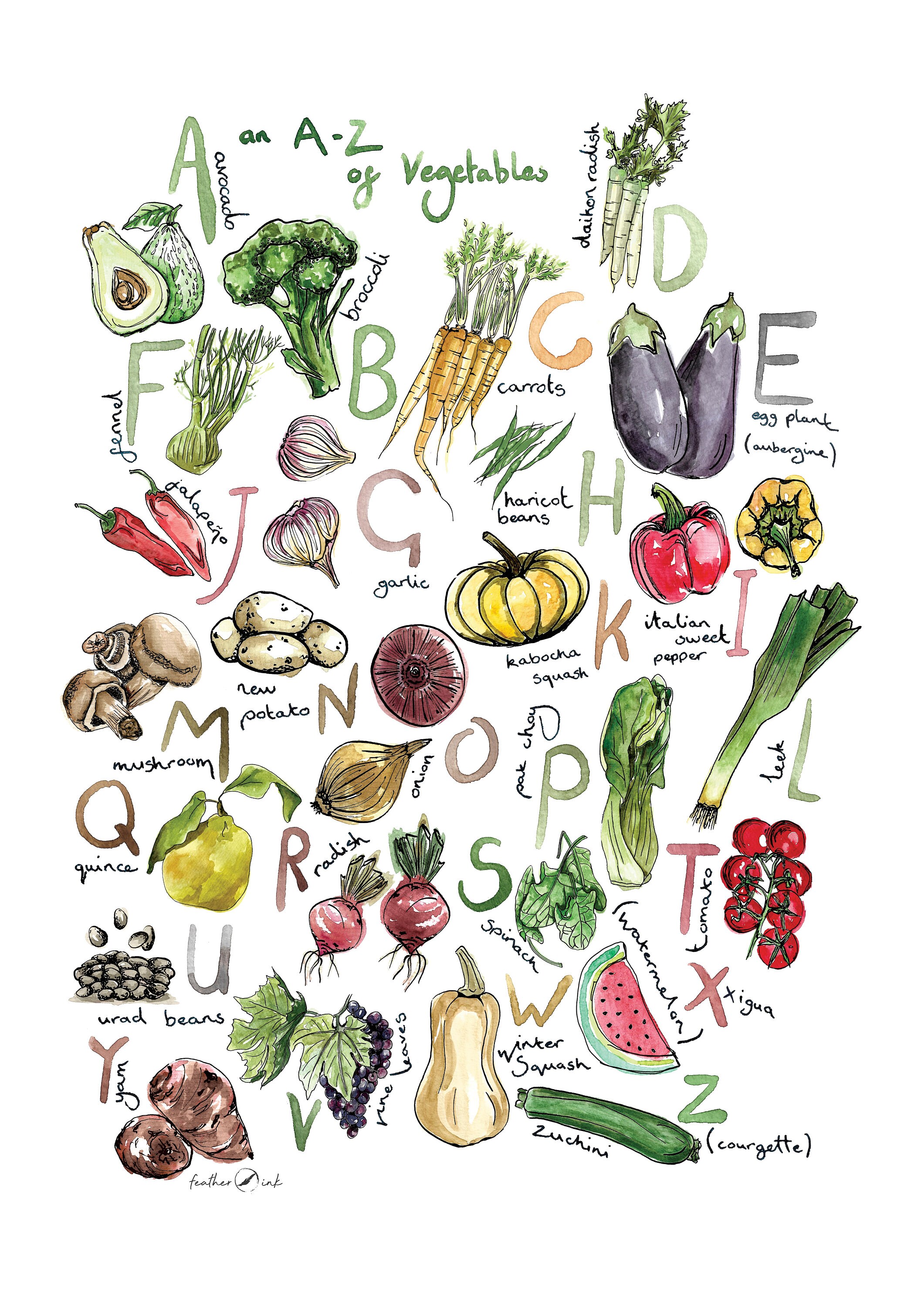 A-Z of Fruit Vegetable Alphabet Watercolour Print A4 A3 A2 Portrait ...