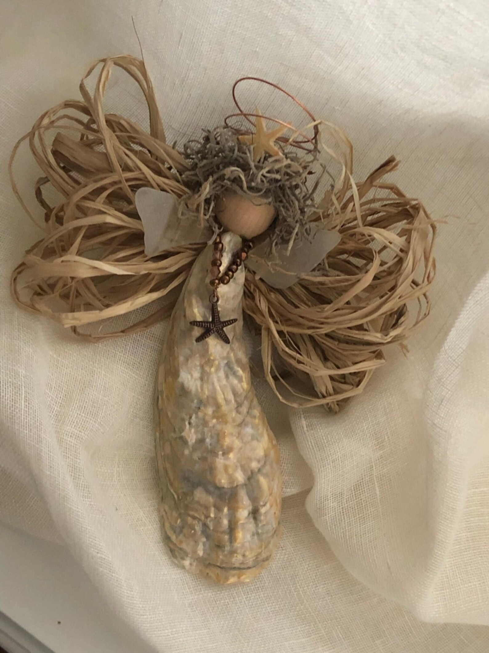 Oyster Shell Angel Ornament, Primitive Coastal Decor, Starfish Wings ...