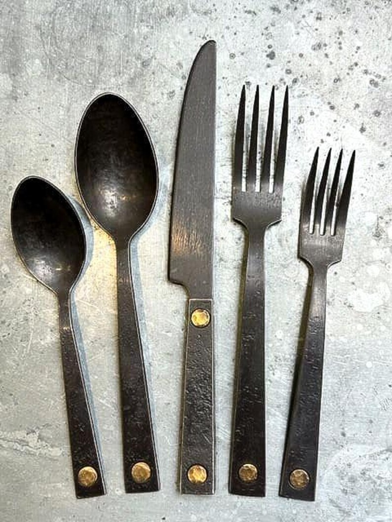 Jefferson Mack Rivet Flatware, Forged Silverware, Stainless Eating Utensils, Rustic Place ...