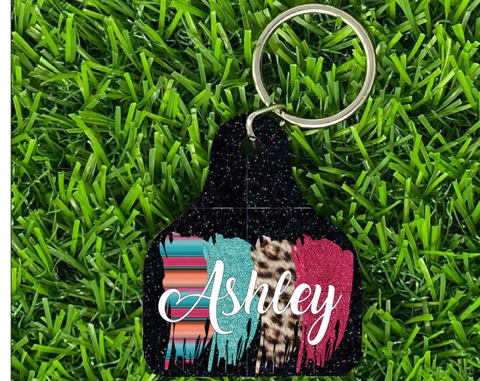 Personalized Cow Ear Tag Keychain Monogrammed Cow Print - Etsy