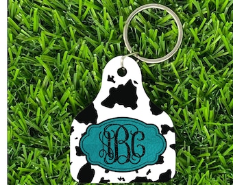 Personalized Cow Ear Tag Keychain Monogrammed Cow Print | Etsy