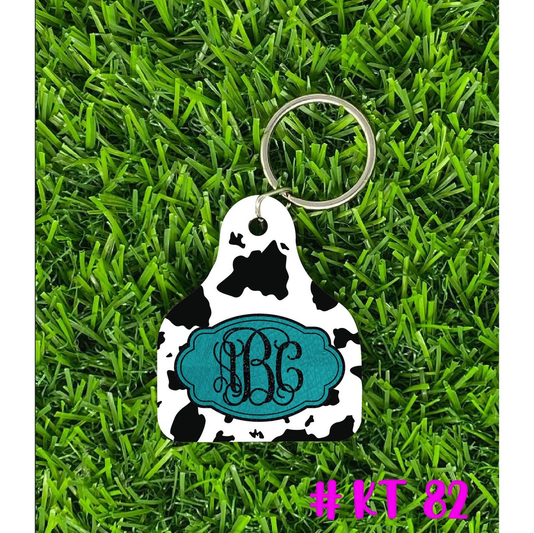 Personalized Cow Ear Tag Keychain, Monogrammed Cow Print Keychain ...