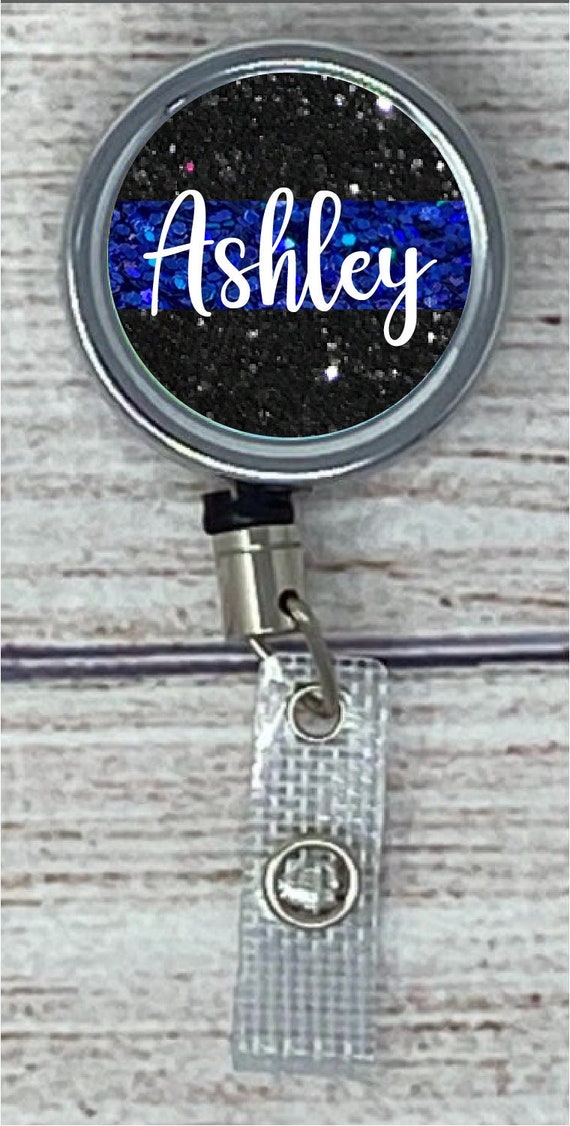 Thin Blue Line Retractable Glitter Badge Holder Personalized - Etsy
