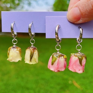 Real Rose Buds Huggies Hoop Earrings, Mother’s Day Gift, Rose Flower ...