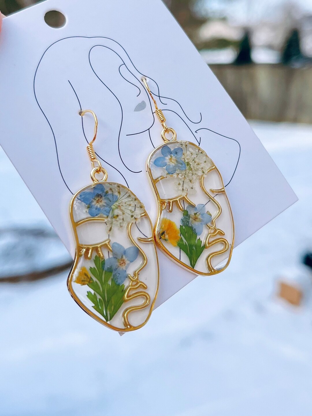 Dried Queens Lace and Forget Me Not Face Earrings, Pressed Lace Flower ...