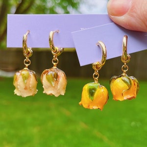 Real Rose Buds Huggies Hoop Earrings, Mother’s Day Gift, Rose Flower ...