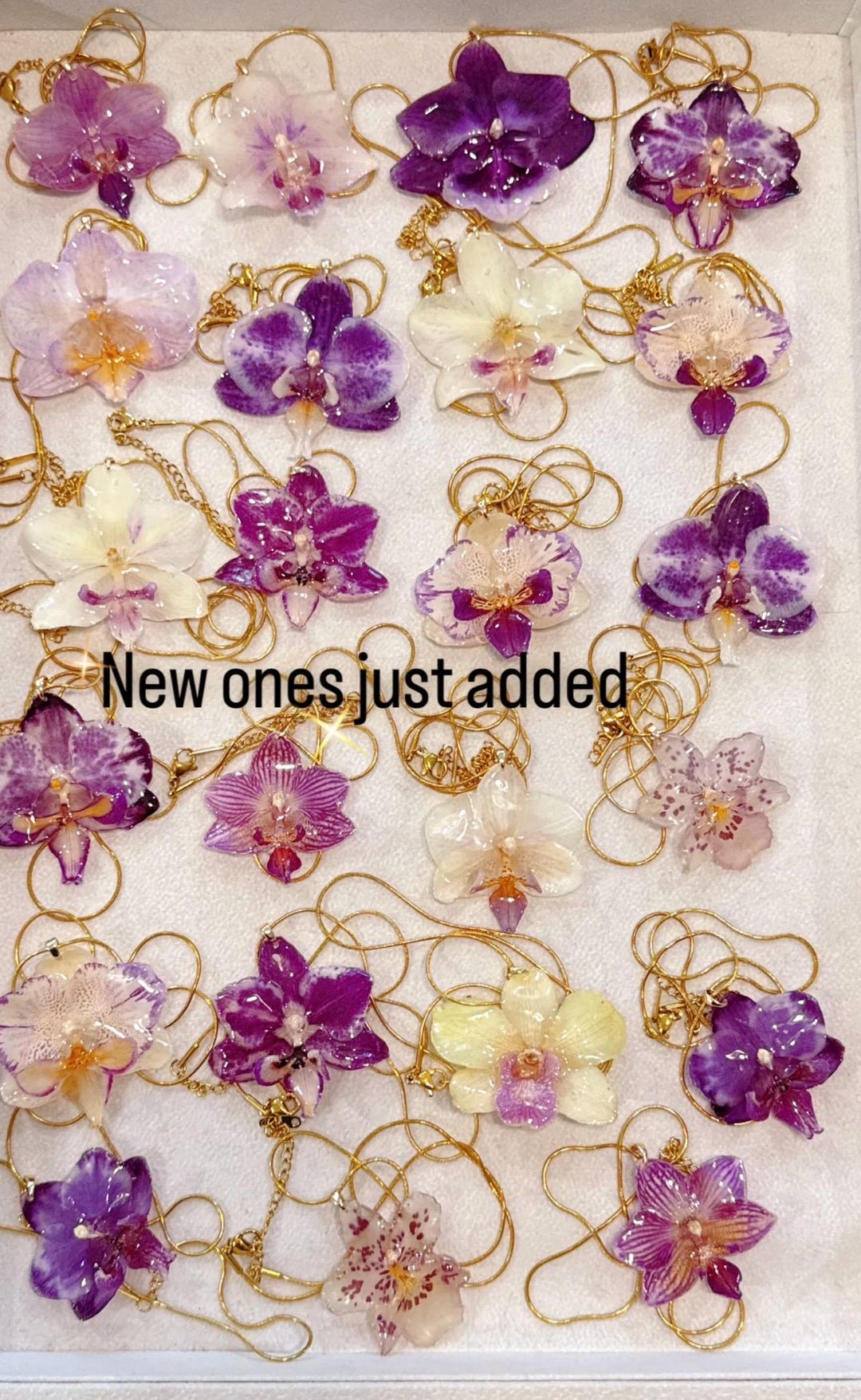Dried Orchid Resin Necklace, 18k Gold Plated Chain, Lightweight Floral ...