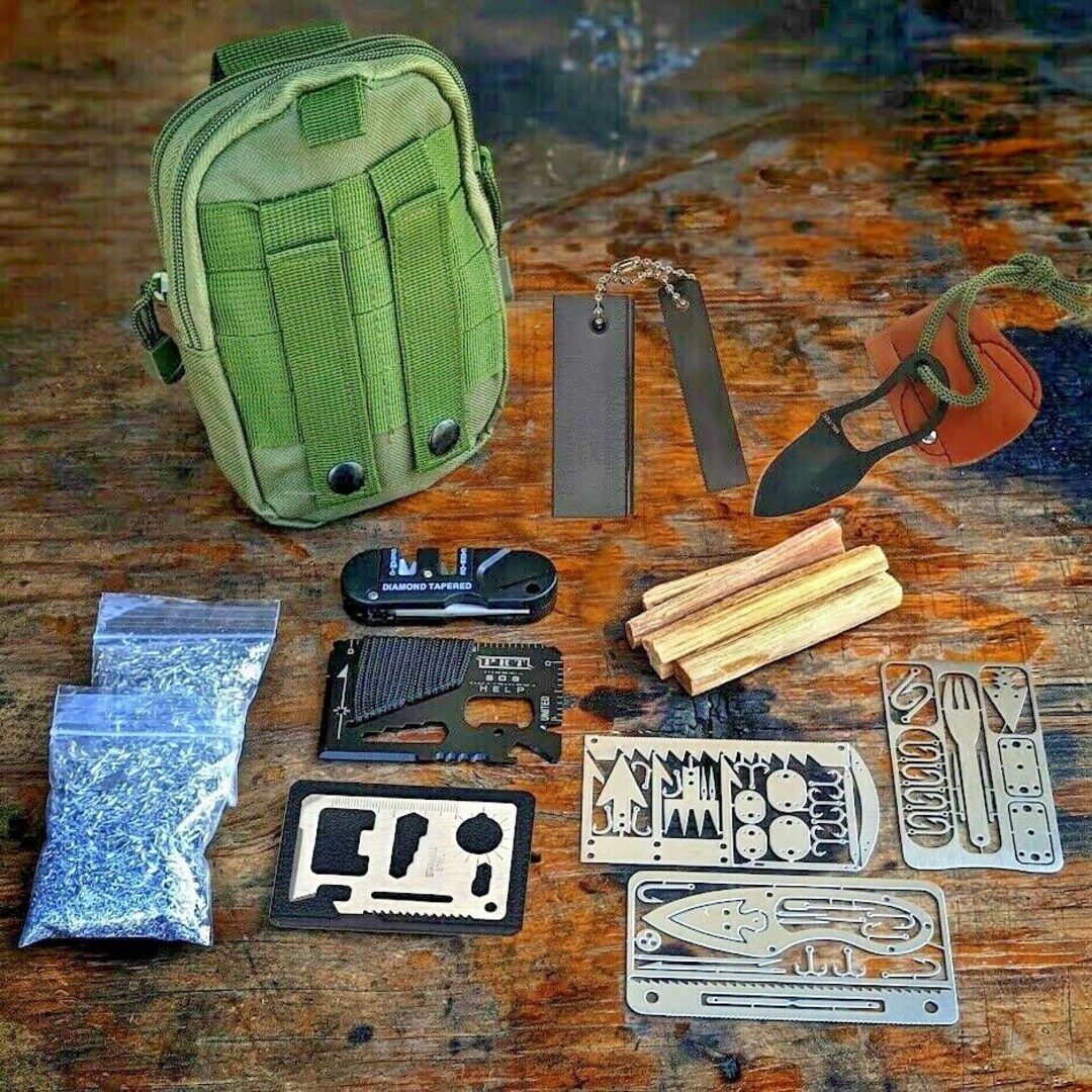 Survival Kit Fatwood Ferro Rod Magnesium Knife 5 Survival Cards Camping ...