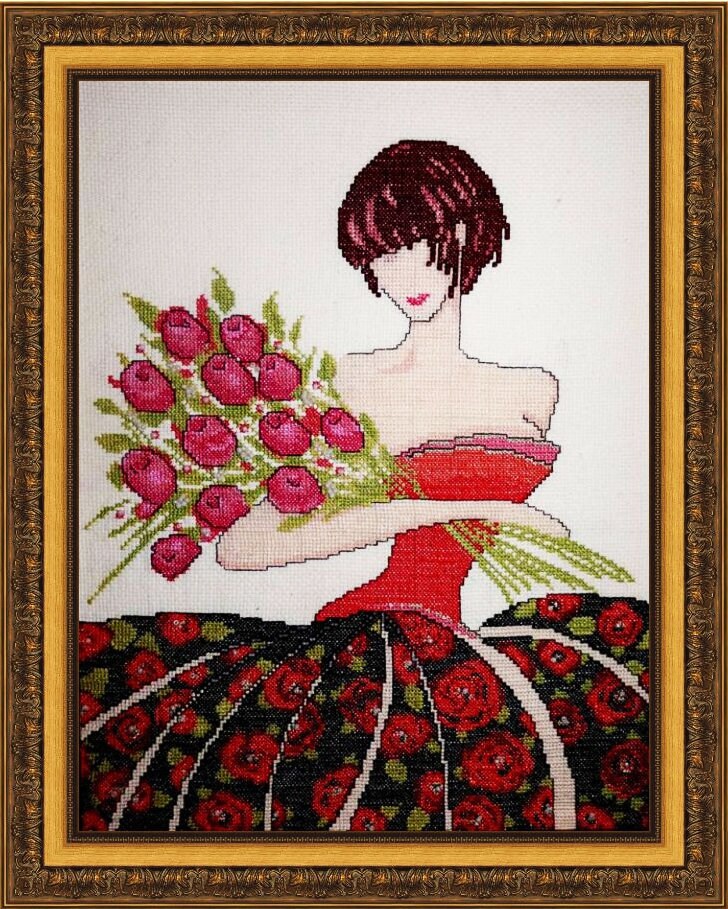 Finished Complete Cross Stitch/ Girl With a Bouquet Roses / - Etsy