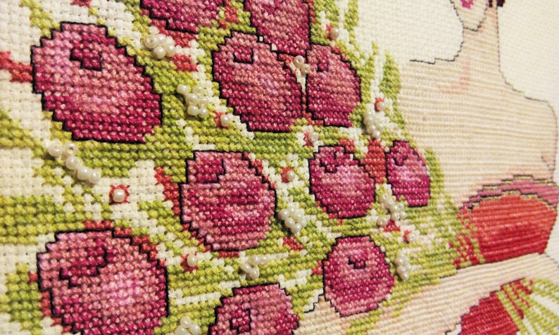 Finished Complete Cross Stitch/ Girl With a Bouquet Roses / - Etsy