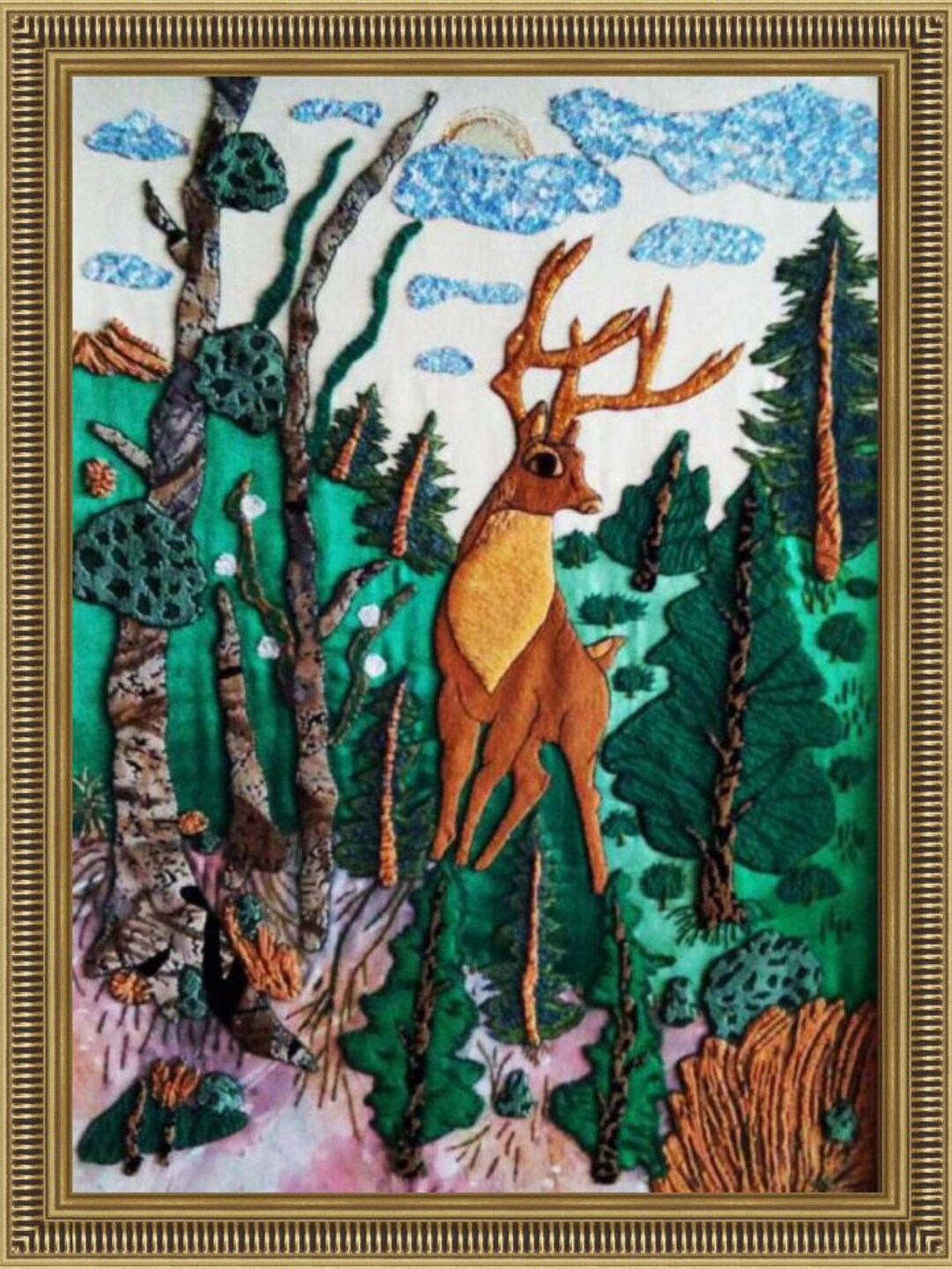 Cross Stitch Finished/ Deer Forest/ Applique/ Handmade/ - Etsy