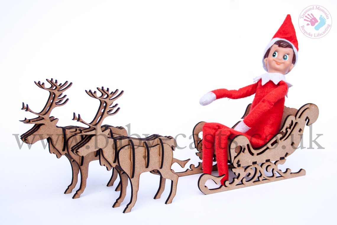 Santas Xmas Elf sleigh with two reindeer to fit on the shelf | Etsy