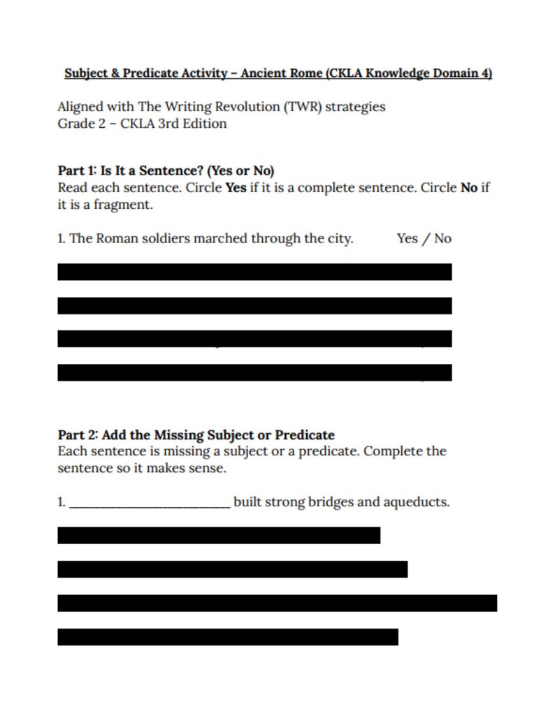 Subject & Predicate Worksheet – Ancient Rome CKLA Aligned | 2nd Grade ...