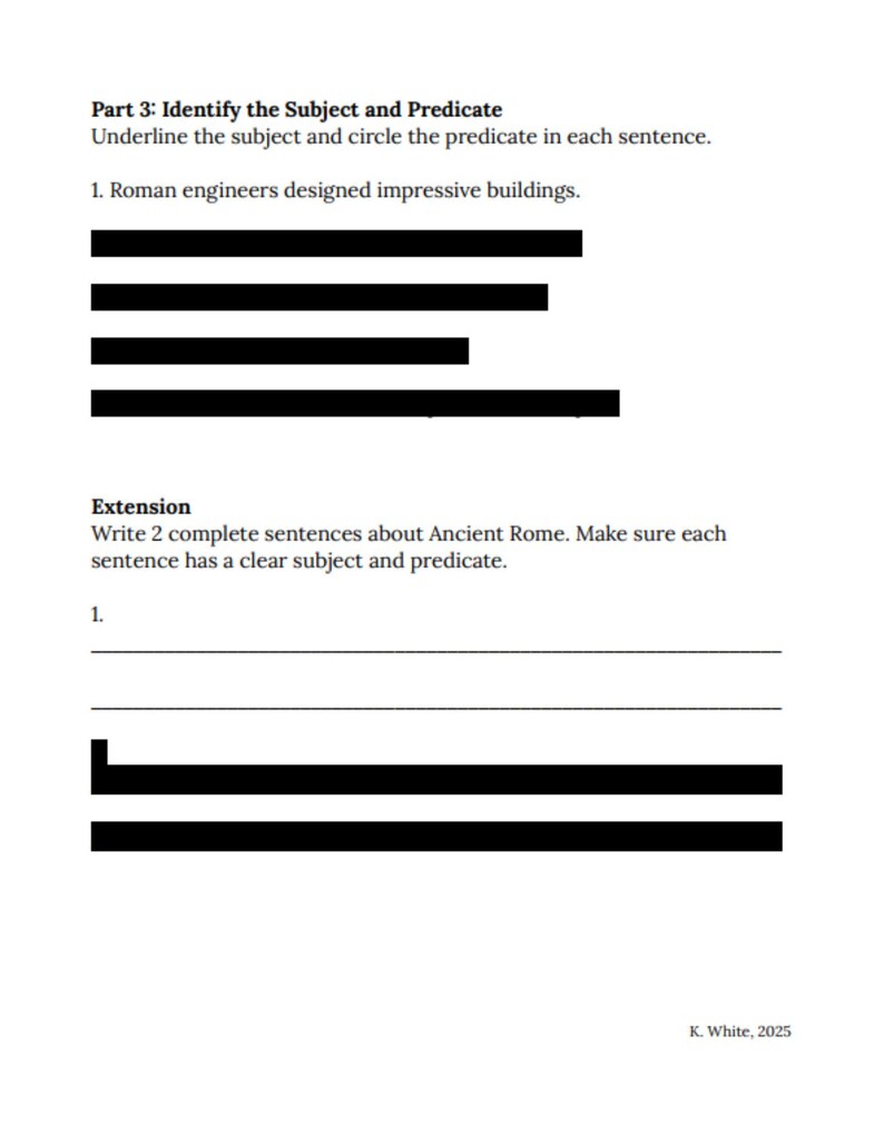 Subject & Predicate Worksheet – Ancient Rome CKLA Aligned | 2nd Grade ...