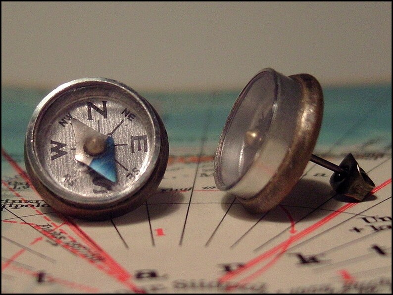 North-north-east Ear Studs Bronze With Real Compasses - Etsy