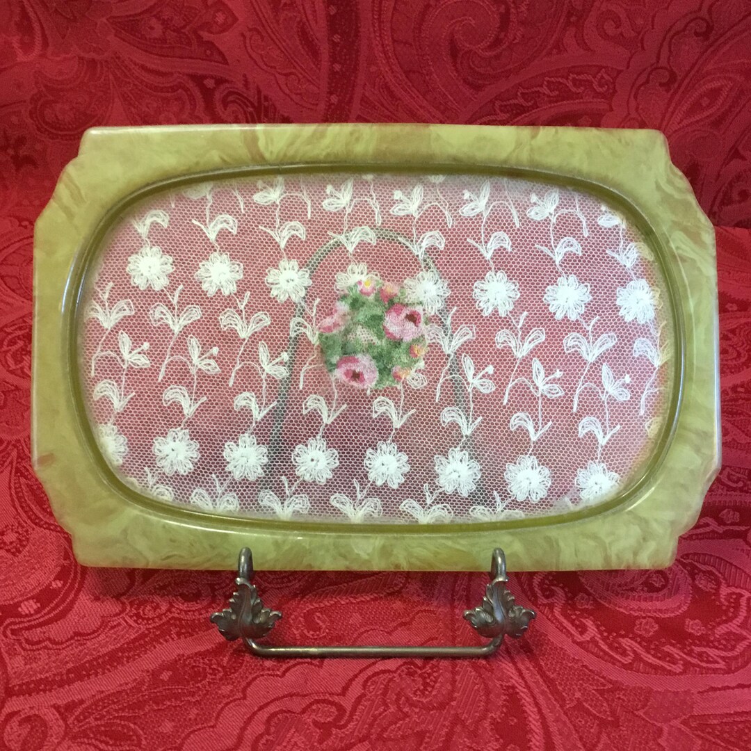 Vintage Bakelite Vanity Tray: Lace Insert, Embroidered Rose Bouquet - Etsy