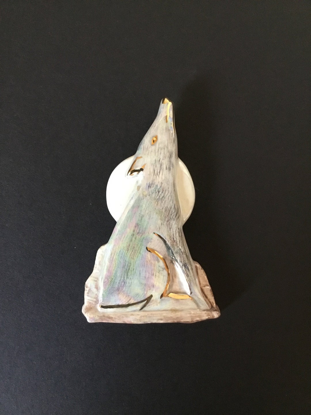 Vintage Wolf Ceramic Brooch, Howling at the Moon, Large Ceramic Gray ...