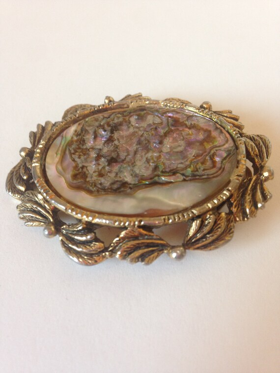 Vintage Paua Shell Brooch, Antiqued Brass Carved Bows… - Gem