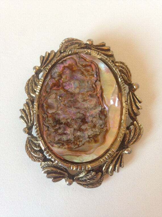 Vintage Paua Shell Brooch, Antiqued Brass Carved Bows… - Gem