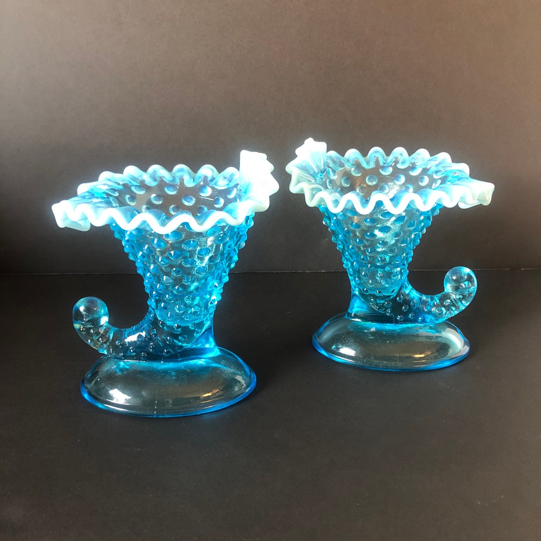 Fenton Pair 5" Candleholders, Cornucopia Hobnail Aqua Blue Opalescent ...