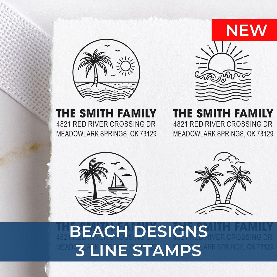 Beach Themed Custom Stamp, 3 Line Personalized Address Stamp, Coastal ...
