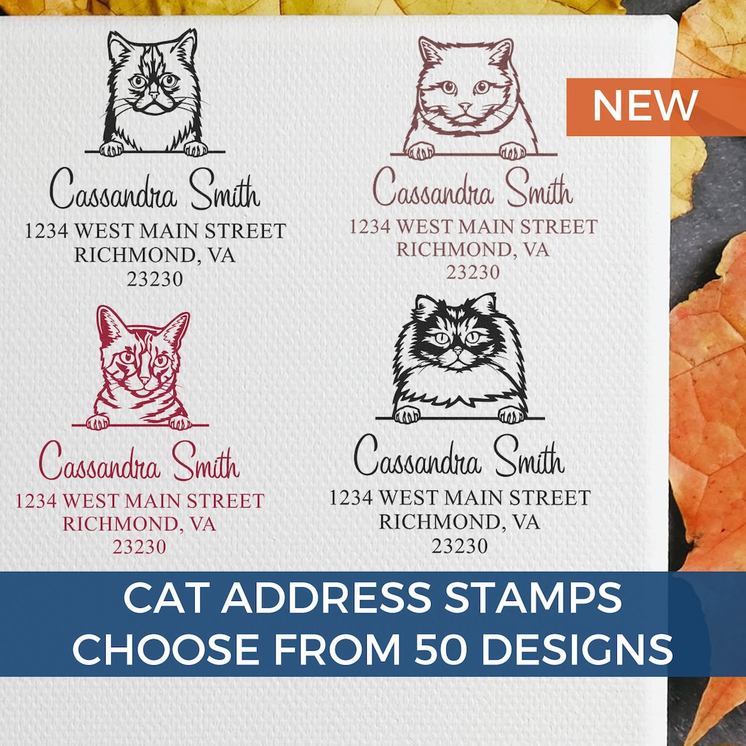 Cat Return Address Stamp, Cat Stamper, Self-inking Stamper, Wood Handle ...
